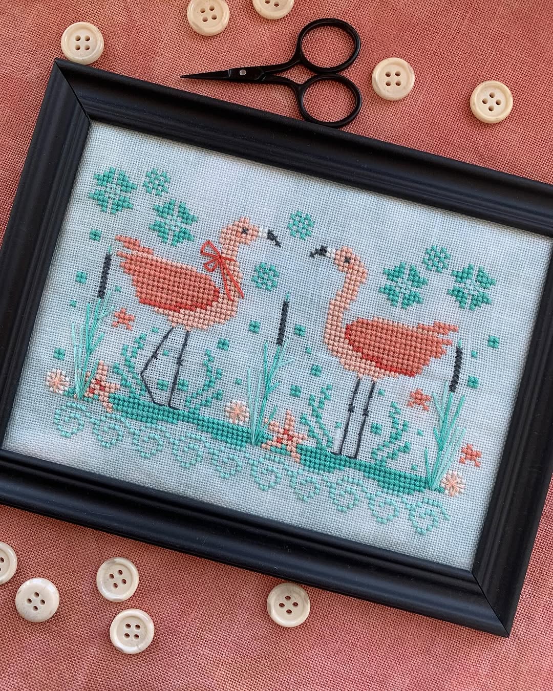Seaside Flamingos | Stitches by Ethel – TopKnot Stitcher Shop